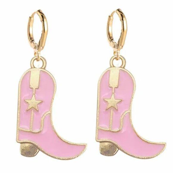 Boutique | Jewelry | Gold Pink Enamel Cowgirl Cowboy Boots Charm Hoop ...